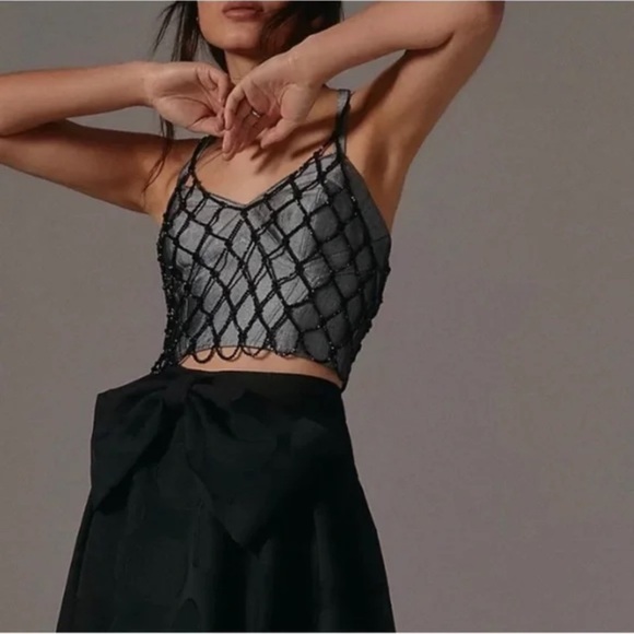 Anthropologie | Tops | Black Beaded Mesh Top With Ribbon Ties By ...